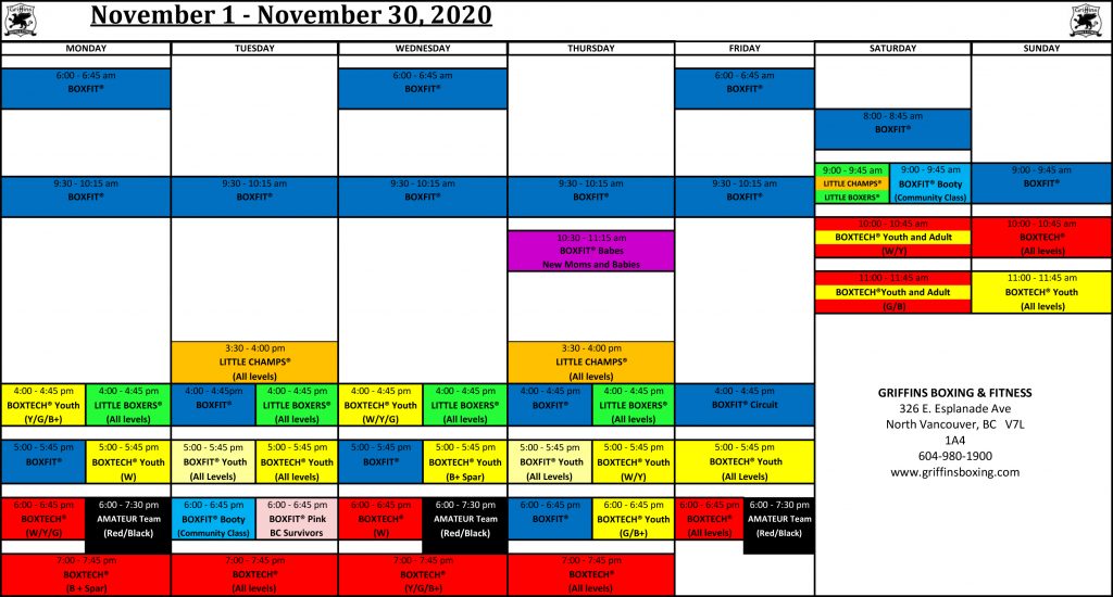 November Class Schedule - Griffins Boxing & Fitness